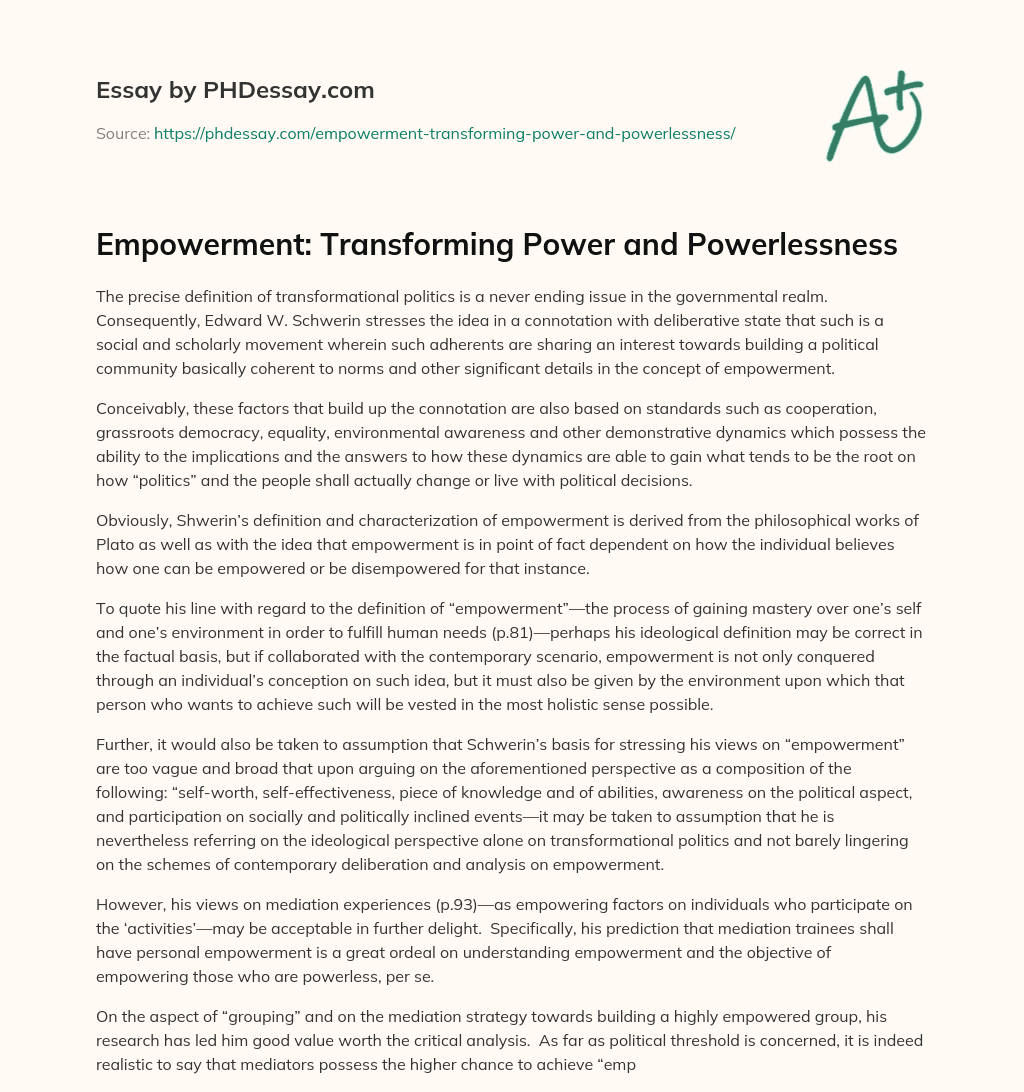 Empowerment: Transforming Power and Powerlessness (600 Words ...