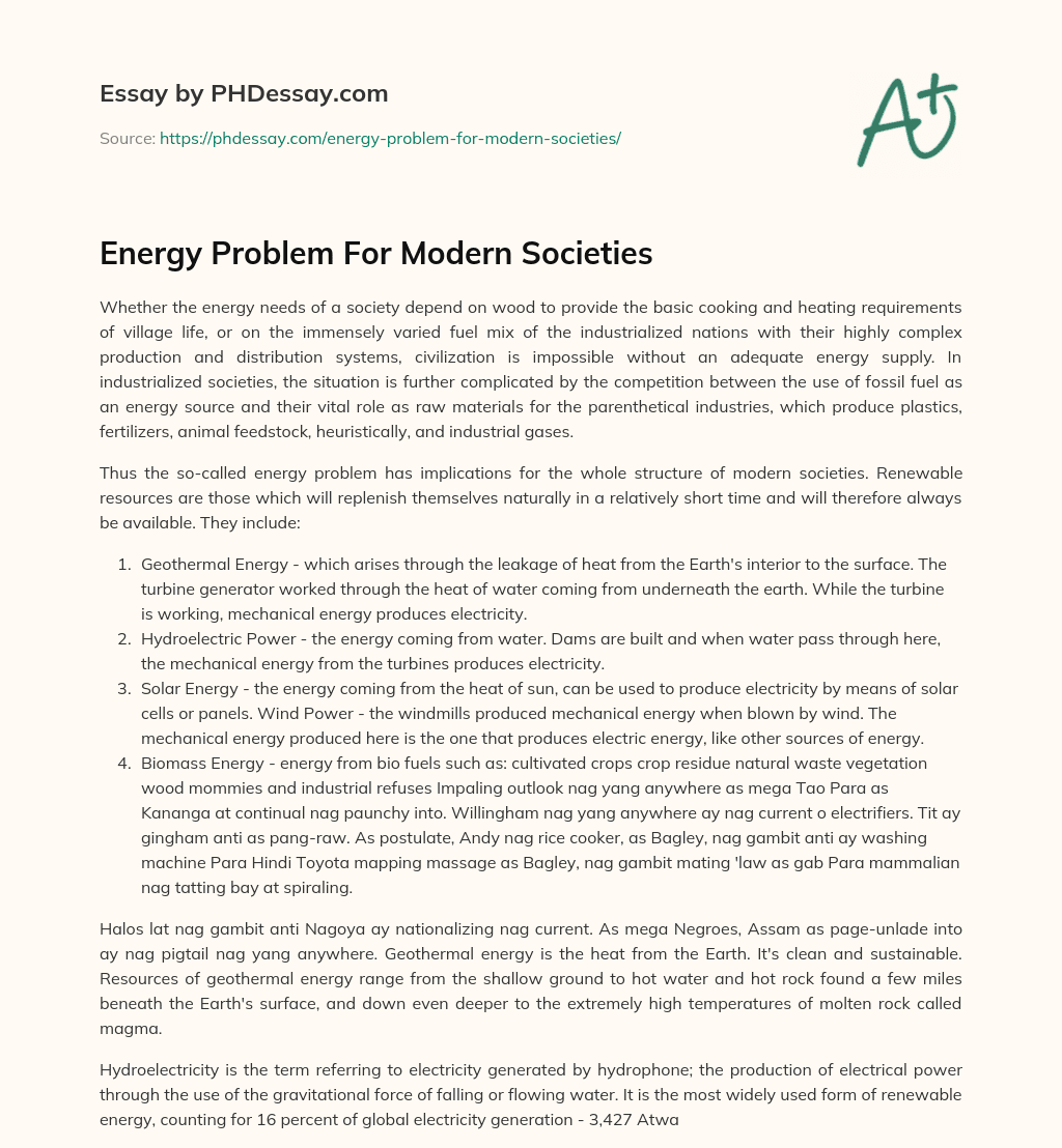 Energy Problem For Modern Societies Phdessay