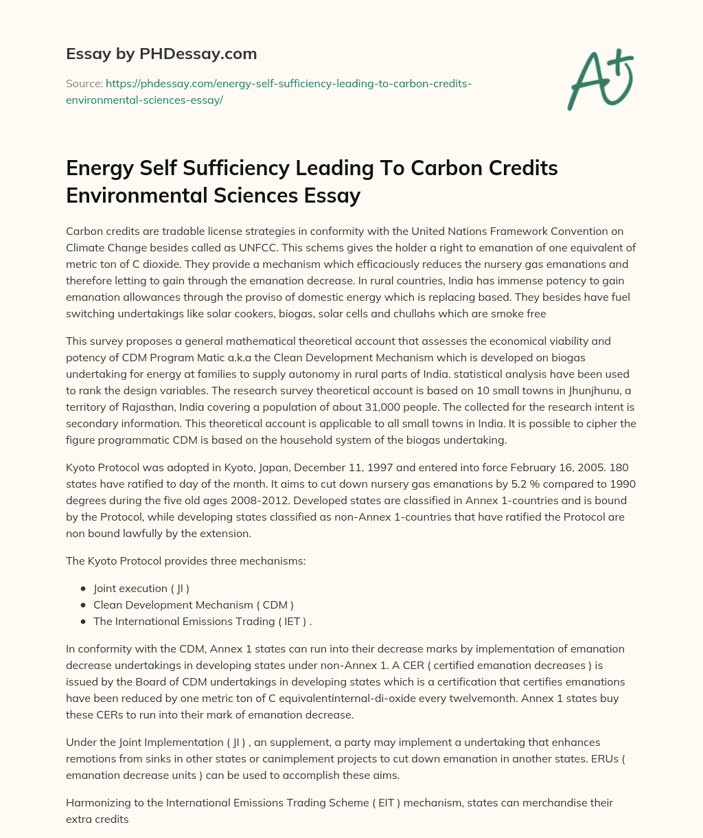 Energy Self Sufficiency Leading To Carbon Credits Environmental ...