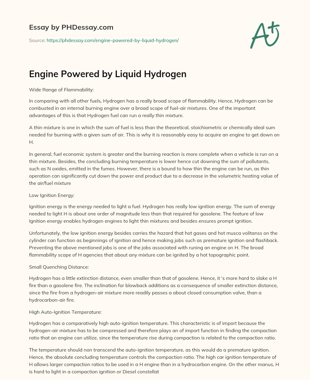 Engine Powered by Liquid Hydrogen - PHDessay.com