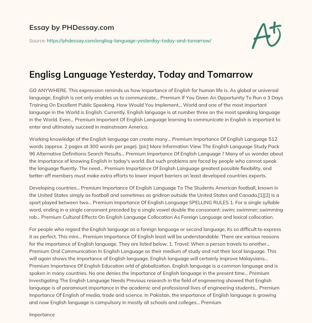 Englisg Language Yesterday, Today And Tomarrow Essay Example (500 Words ...