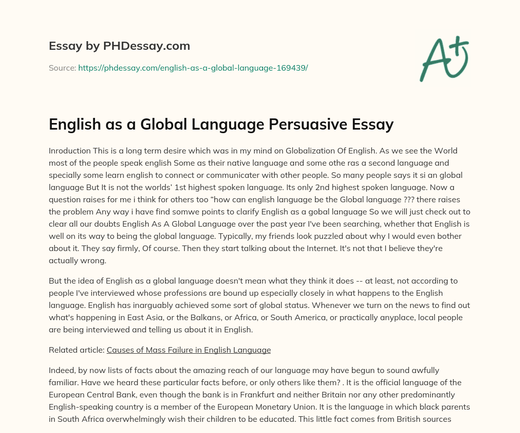 English as a Global Language Persuasive Essay (400 Words) - PHDessay.com