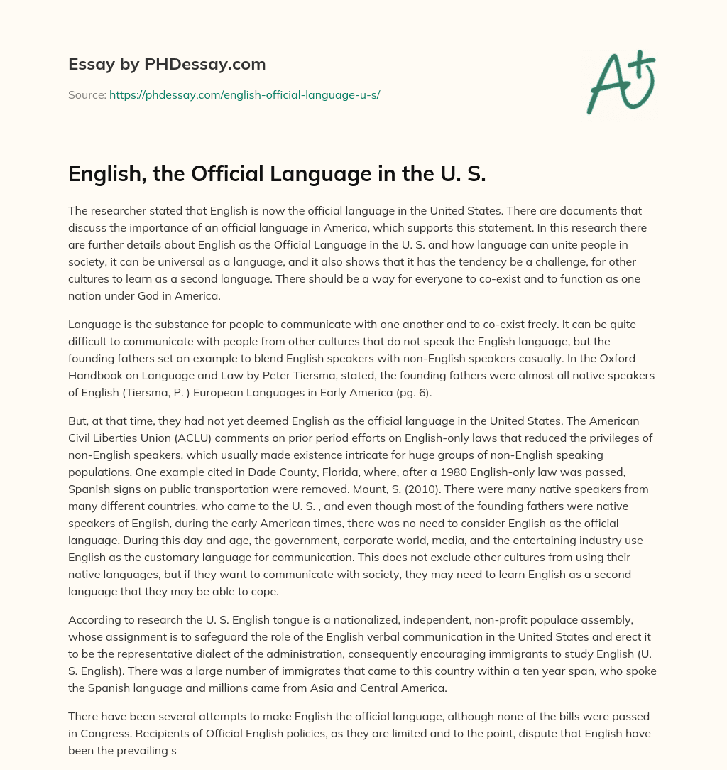 English, the Official Language in the U. S. - PHDessay.com