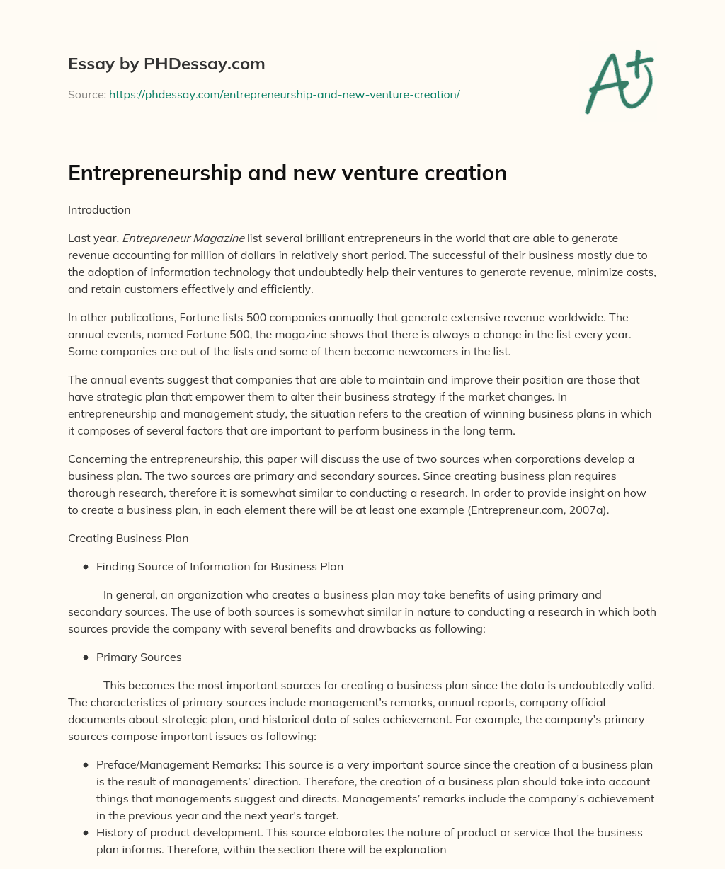 Entrepreneurship and new venture creation - PHDessay.com