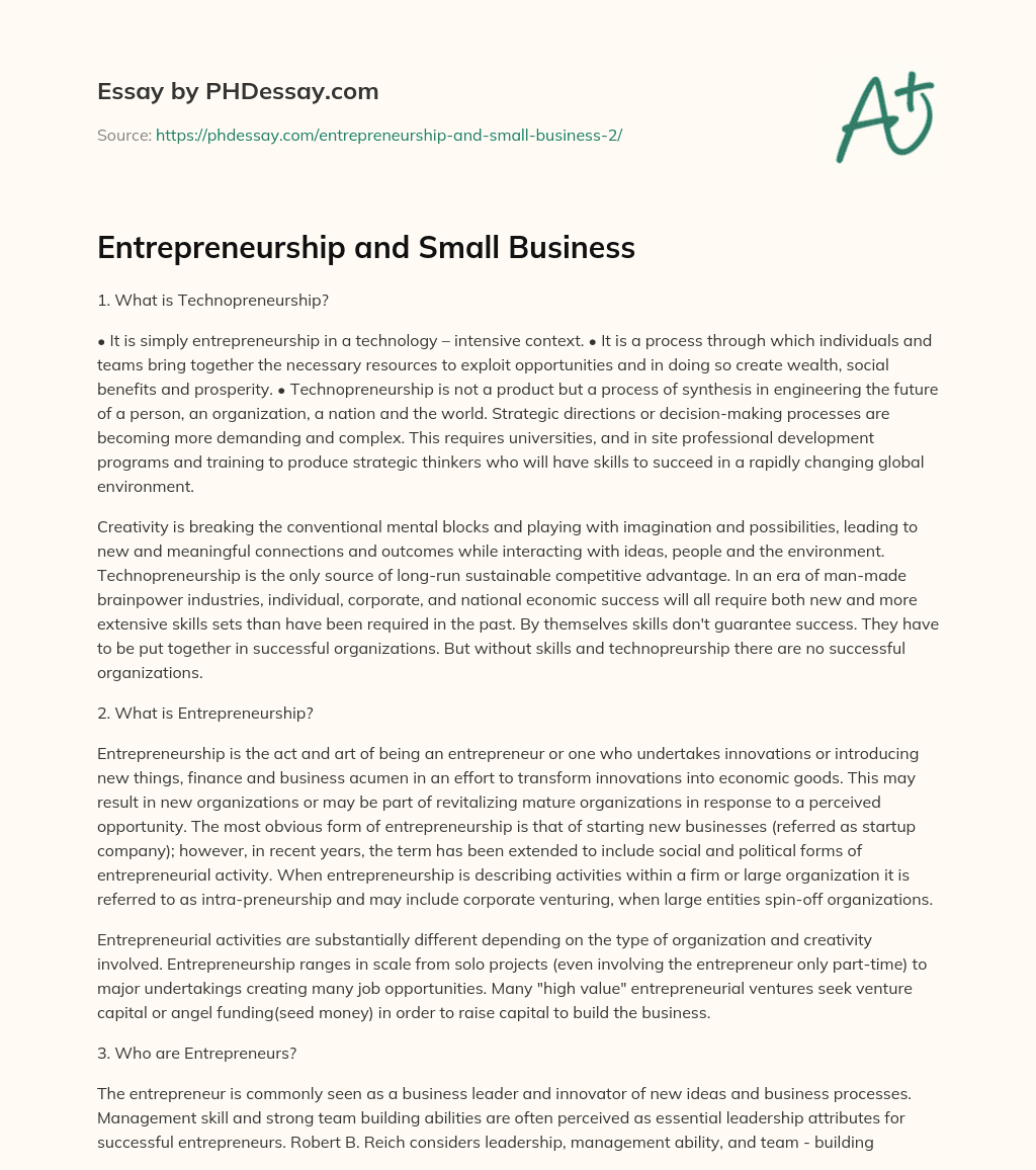Entrepreneurship and Small Business - PHDessay.com