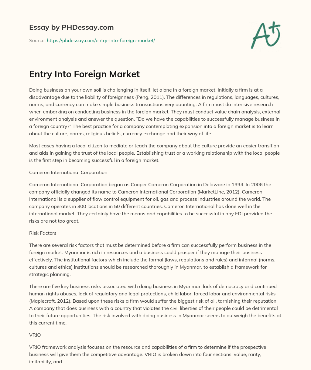 Entry Into Foreign Market - PHDessay.com