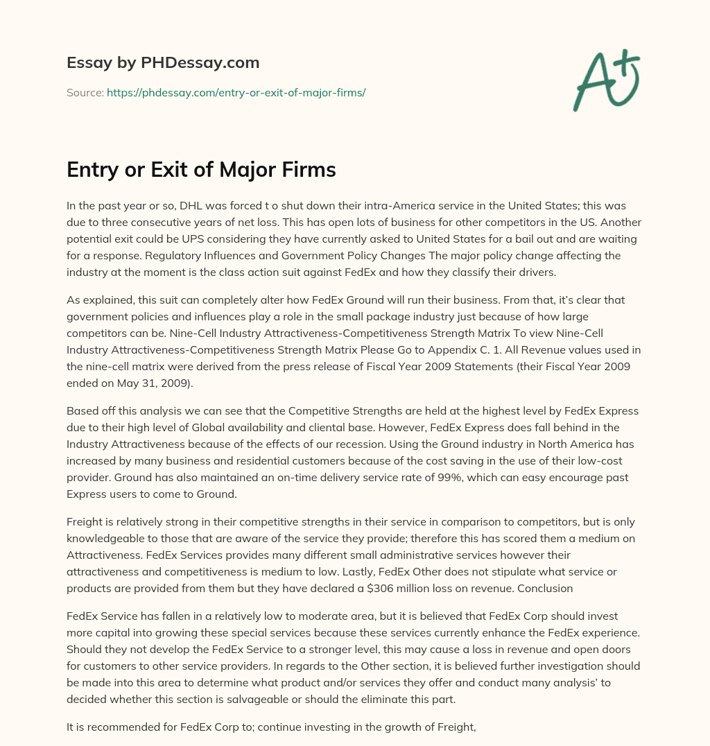 Entry or Exit of Major Firms (600 Words) - PHDessay.com
