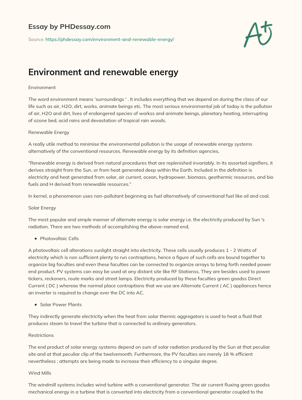 Environment and renewable energy - PHDessay.com
