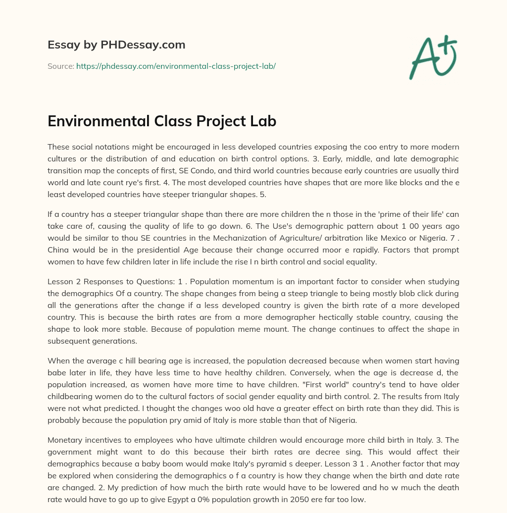 Environmental Class Project Lab - PHDessay.com