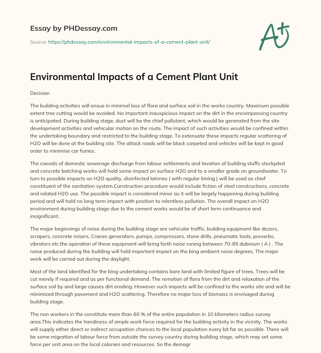 Environmental Impacts of a Cement Plant Unit - PHDessay.com