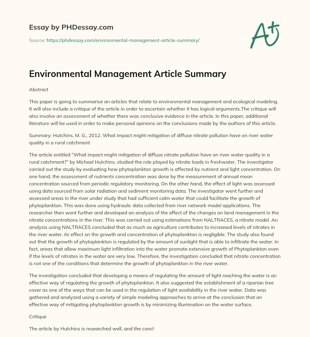 Environmental Management Article Summary - PHDessay.com