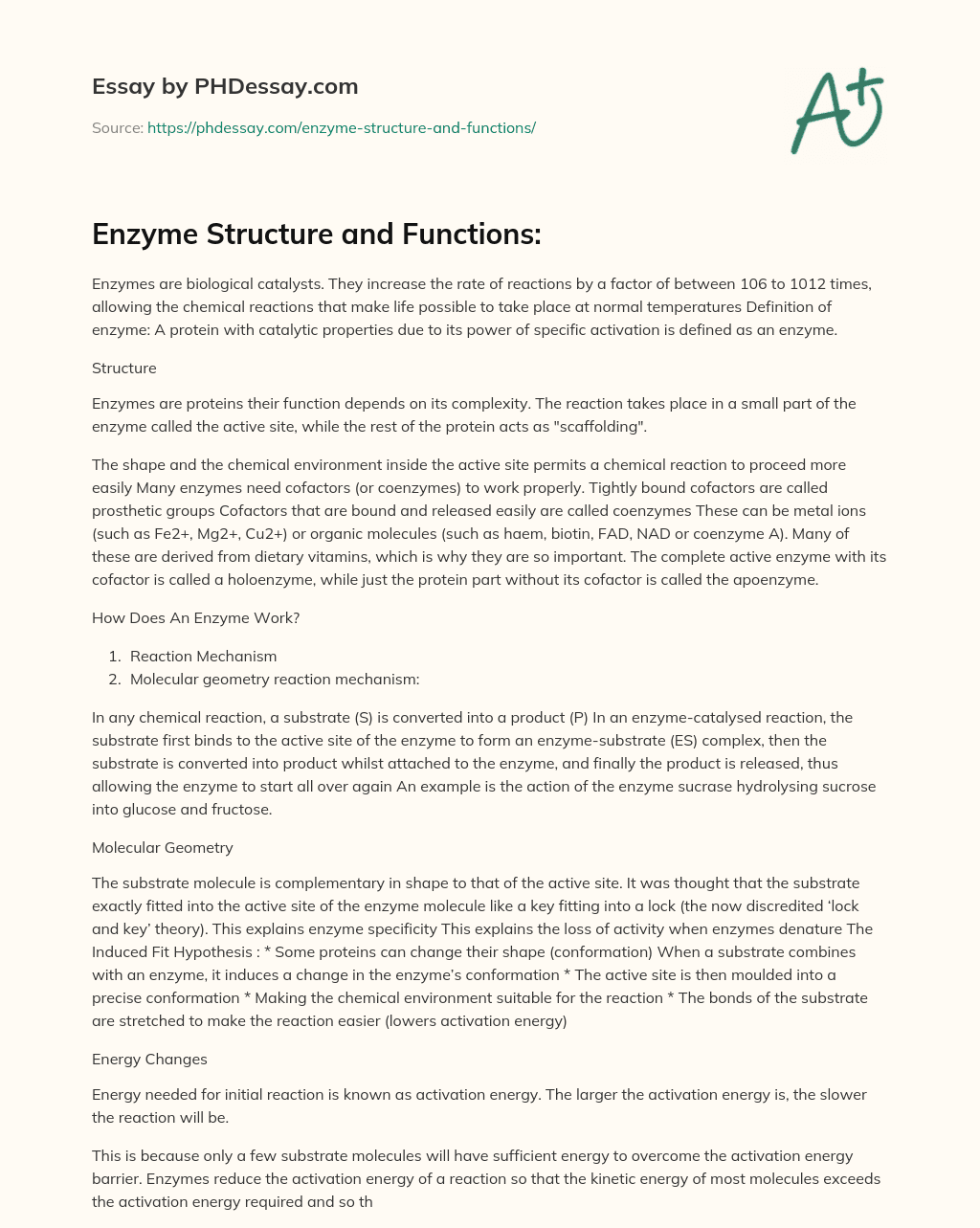 Enzyme Structure and Functions: - PHDessay.com