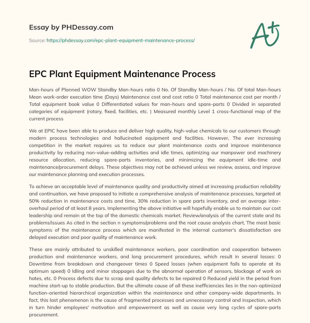 EPC Plant Equipment Maintenance Process (400 Words) - PHDessay.com
