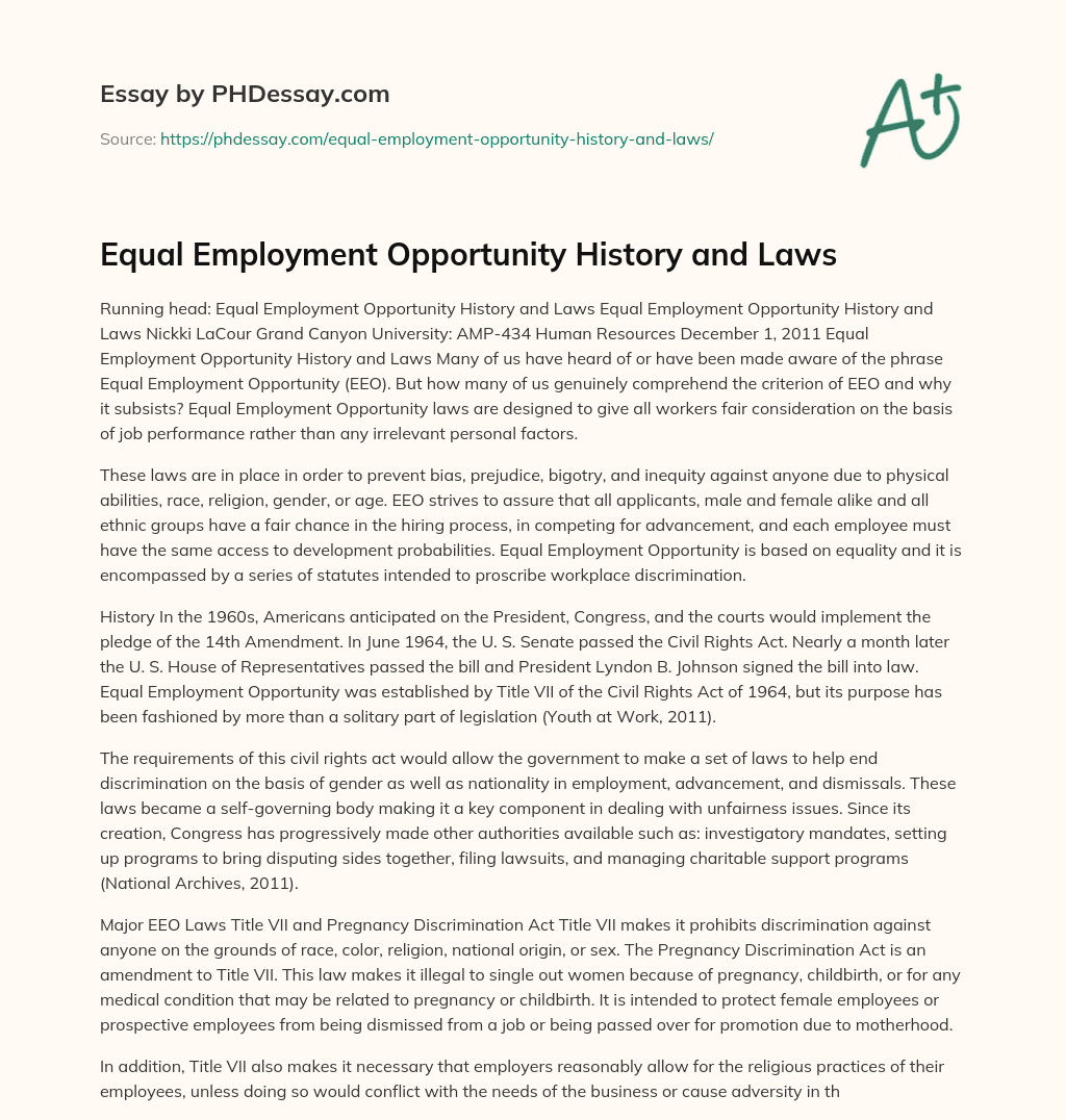 Equal Employment Opportunity History and Laws - PHDessay.com