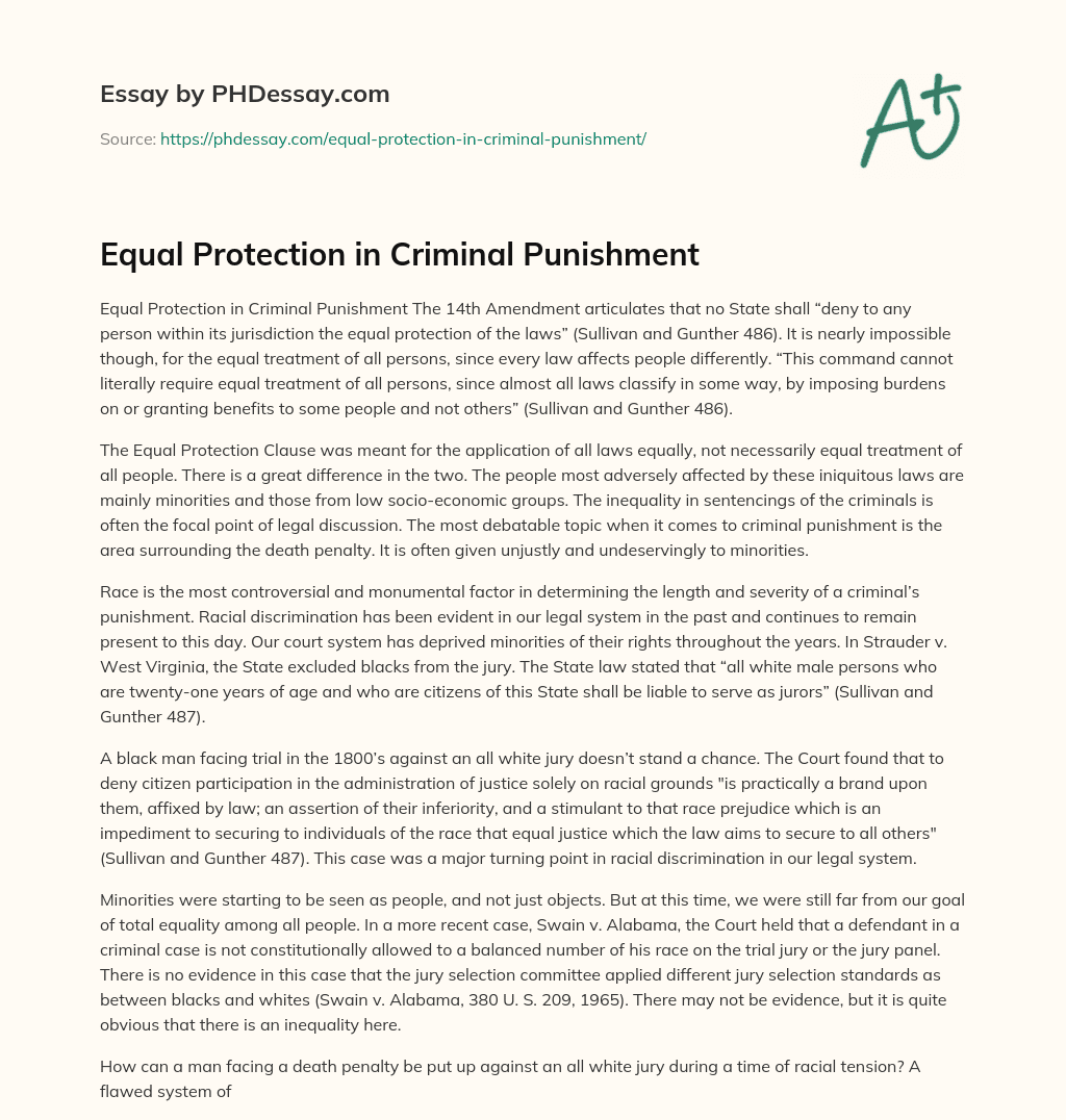 Equal Protection in Criminal Punishment - PHDessay.com