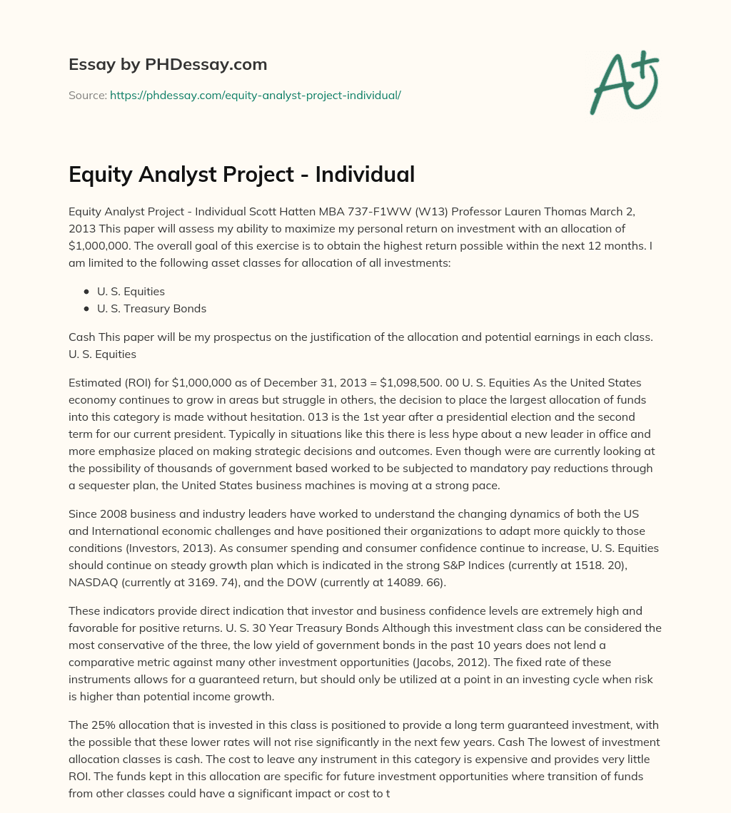 Equity Analyst Project - Individual - PHDessay.com