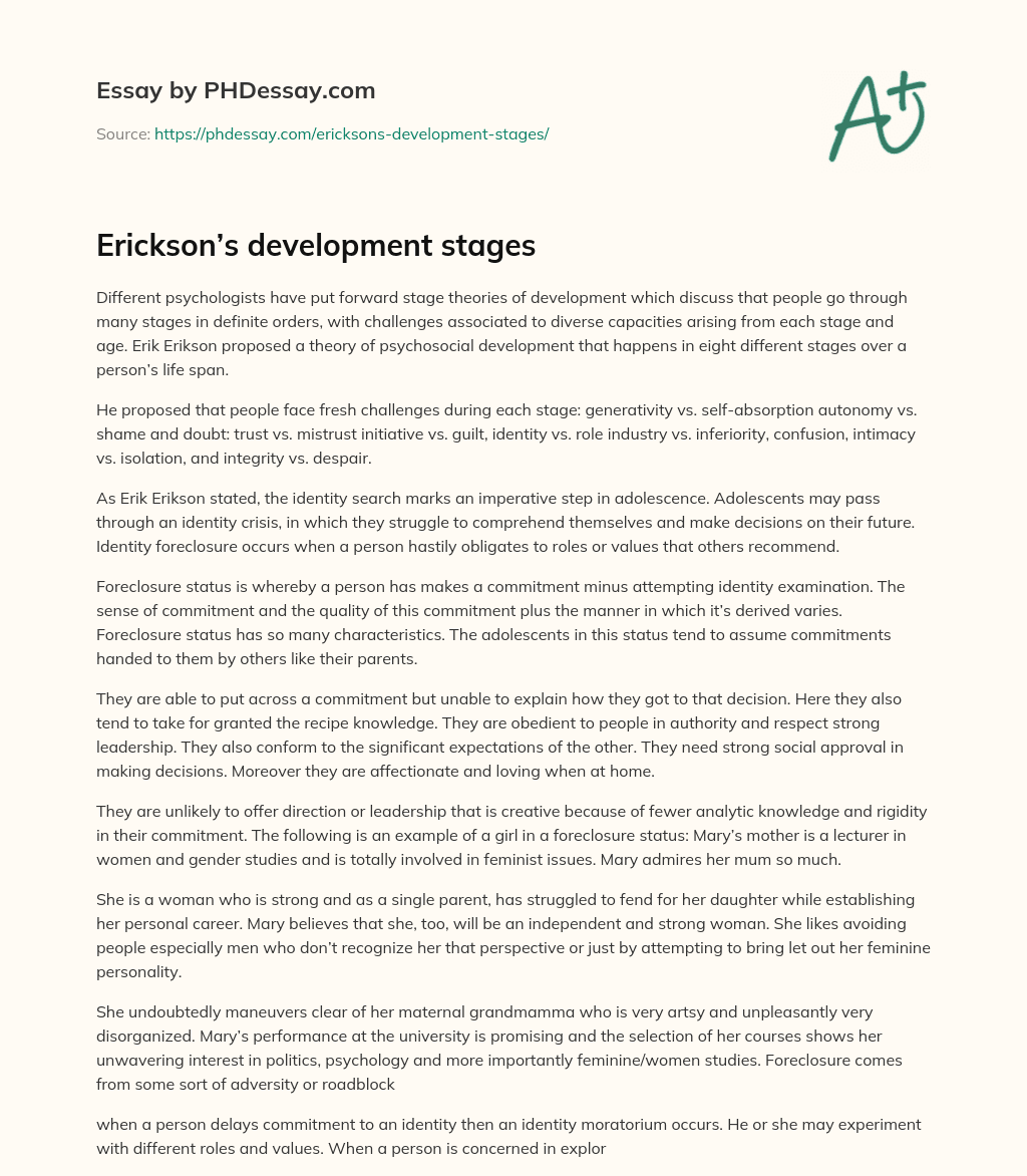 Erickson’S Development Stages Essay Example - PHDessay.com