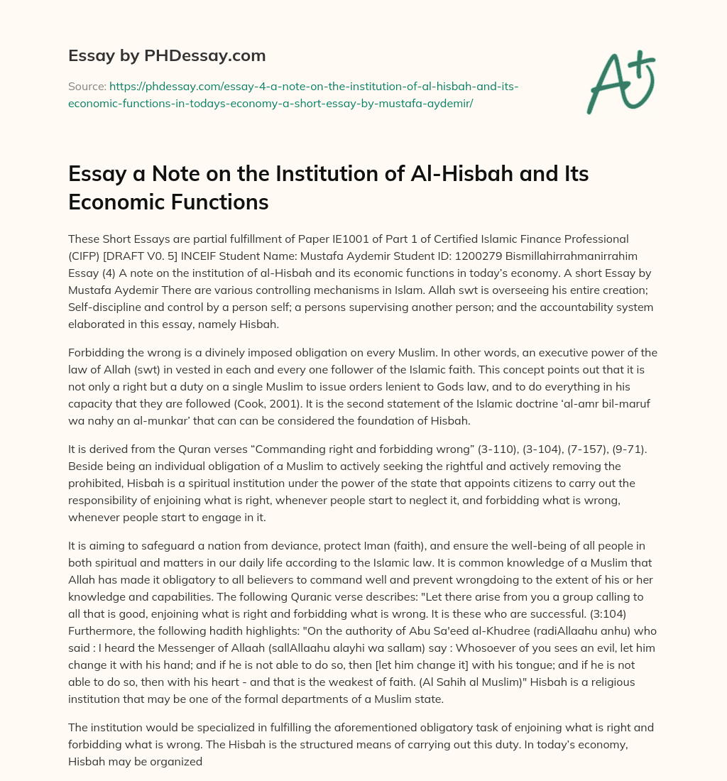 Essay a Note on the Institution of Al-Hisbah and Its Economic Functions ...