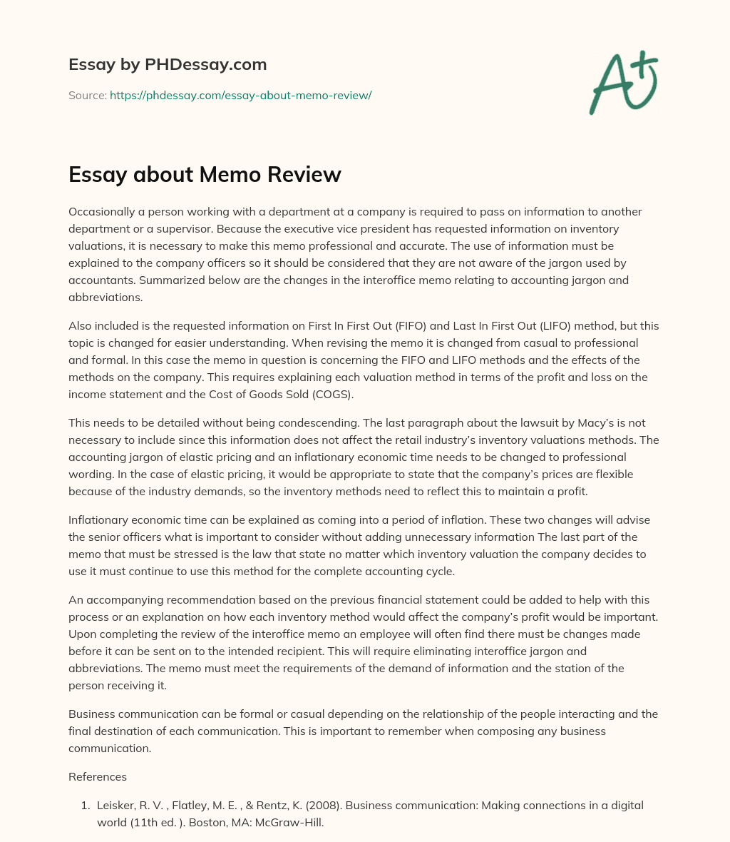 Essay about Memo Review (500 Words) - PHDessay.com