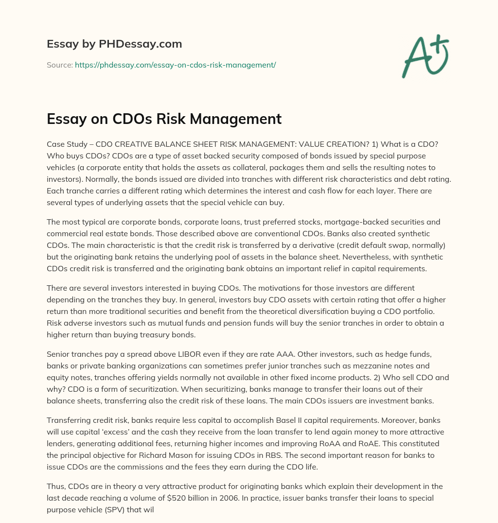 Essay on CDOs Risk Management - PHDessay.com