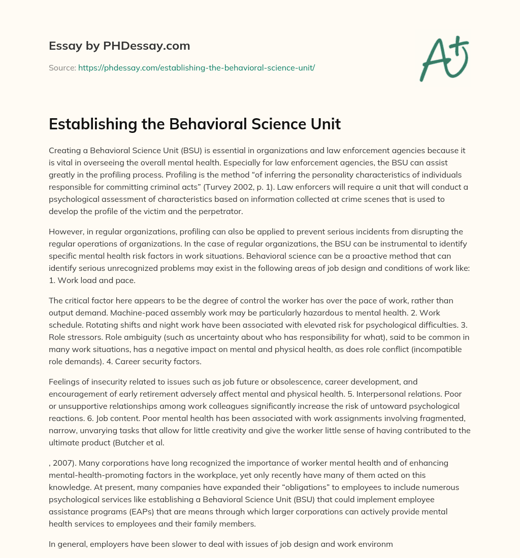 Establishing the Behavioral Science Unit - PHDessay.com