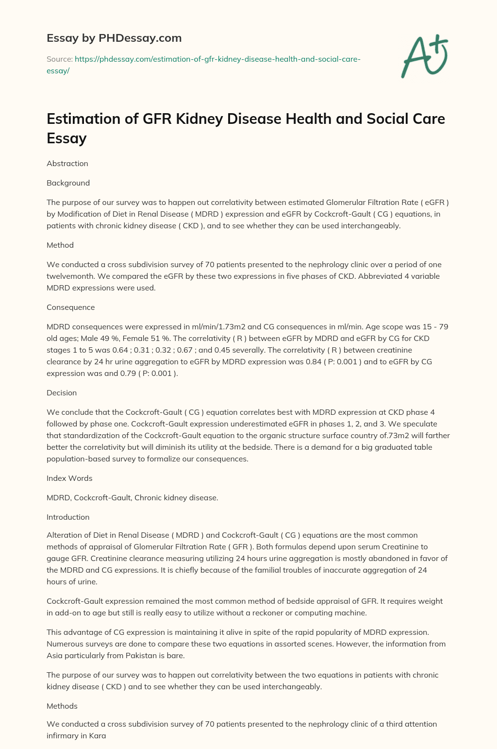 Estimation of GFR Kidney Disease Health and Social Care Essay ...