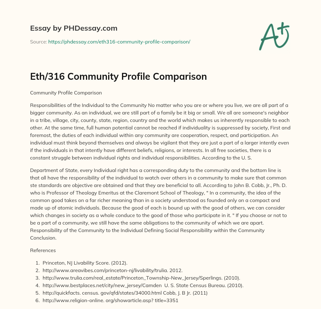Eth/316 Community Profile Comparison (400 Words) - PHDessay.com