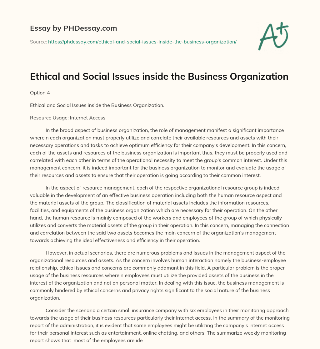 Ethical and Social Issues inside the Business Organization - PHDessay.com