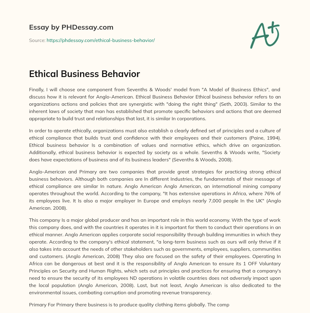 Ethical Business Behavior - PHDessay.com
