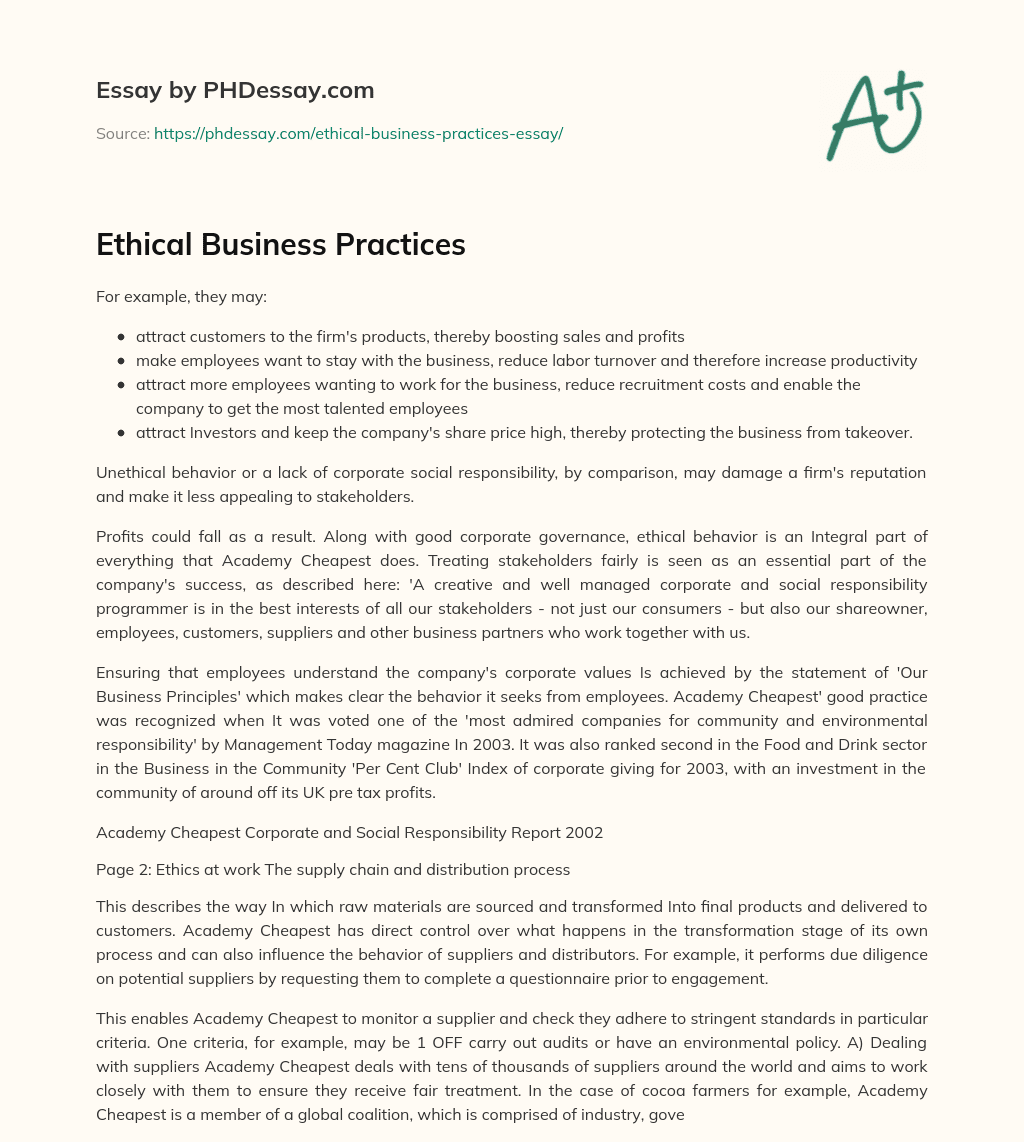 Ethical Business Practices - PHDessay.com