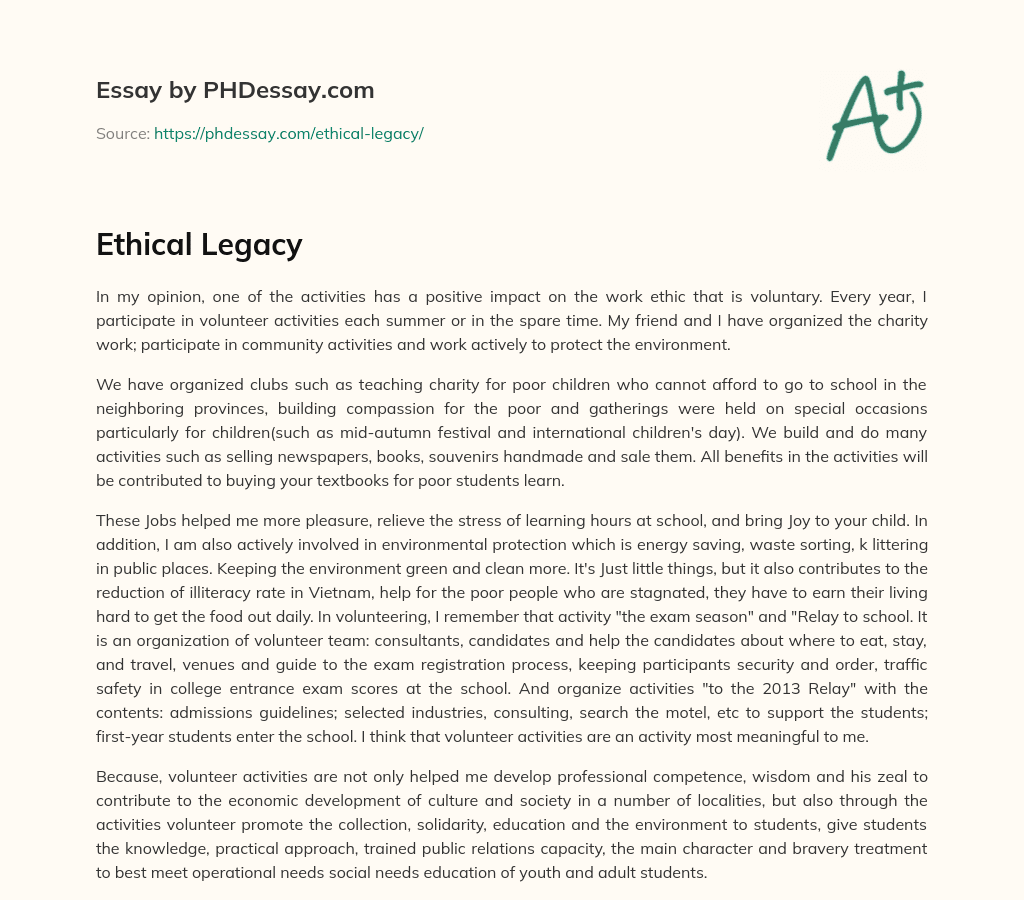 Ethical Legacy (400 Words) - PHDessay.com