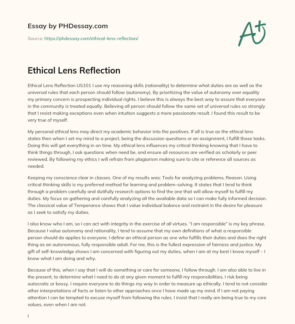 Ethical Lens Reflection - PHDessay.com