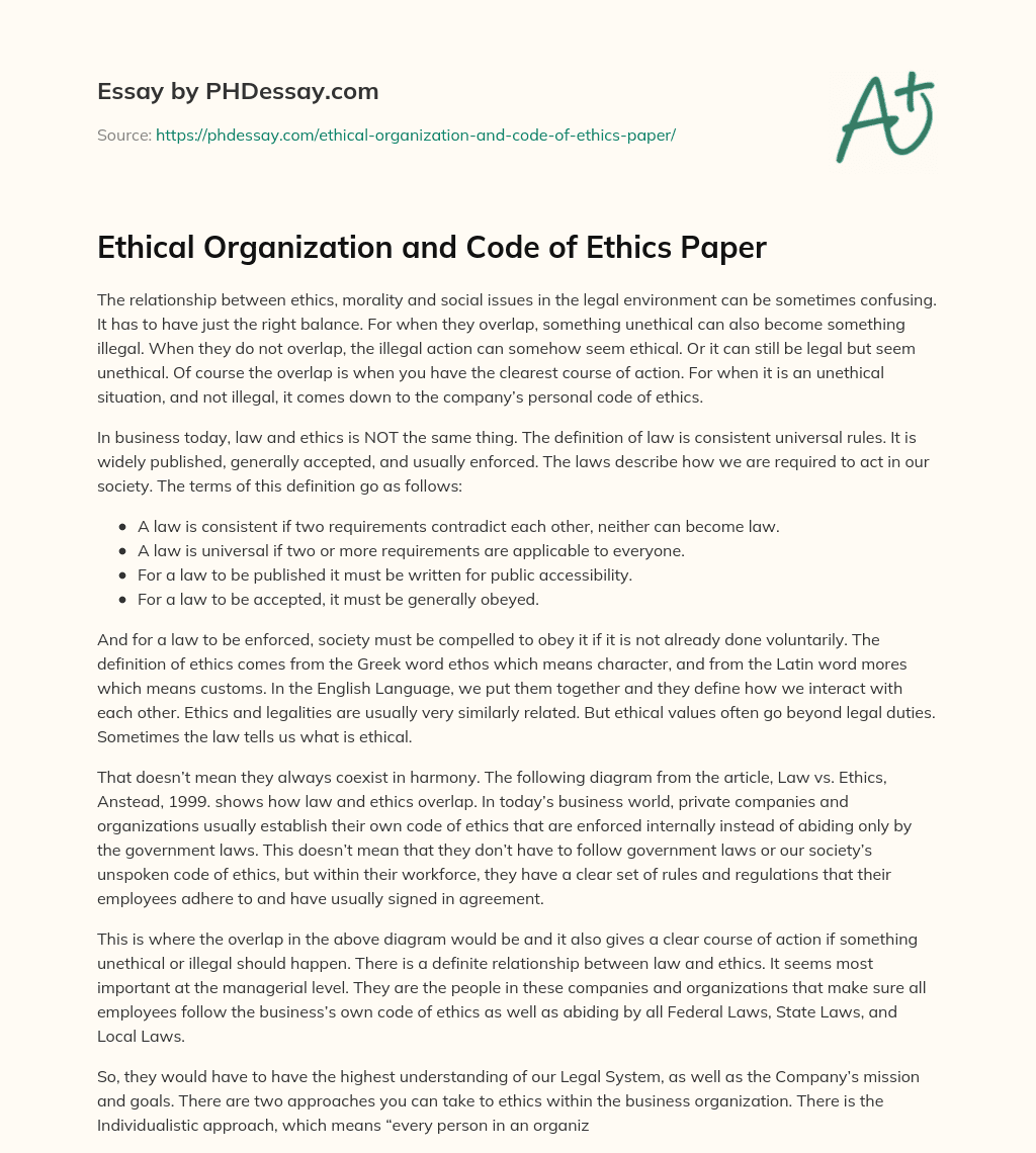Ethical Organization And Code Of Ethics Paper Definition Example ...
