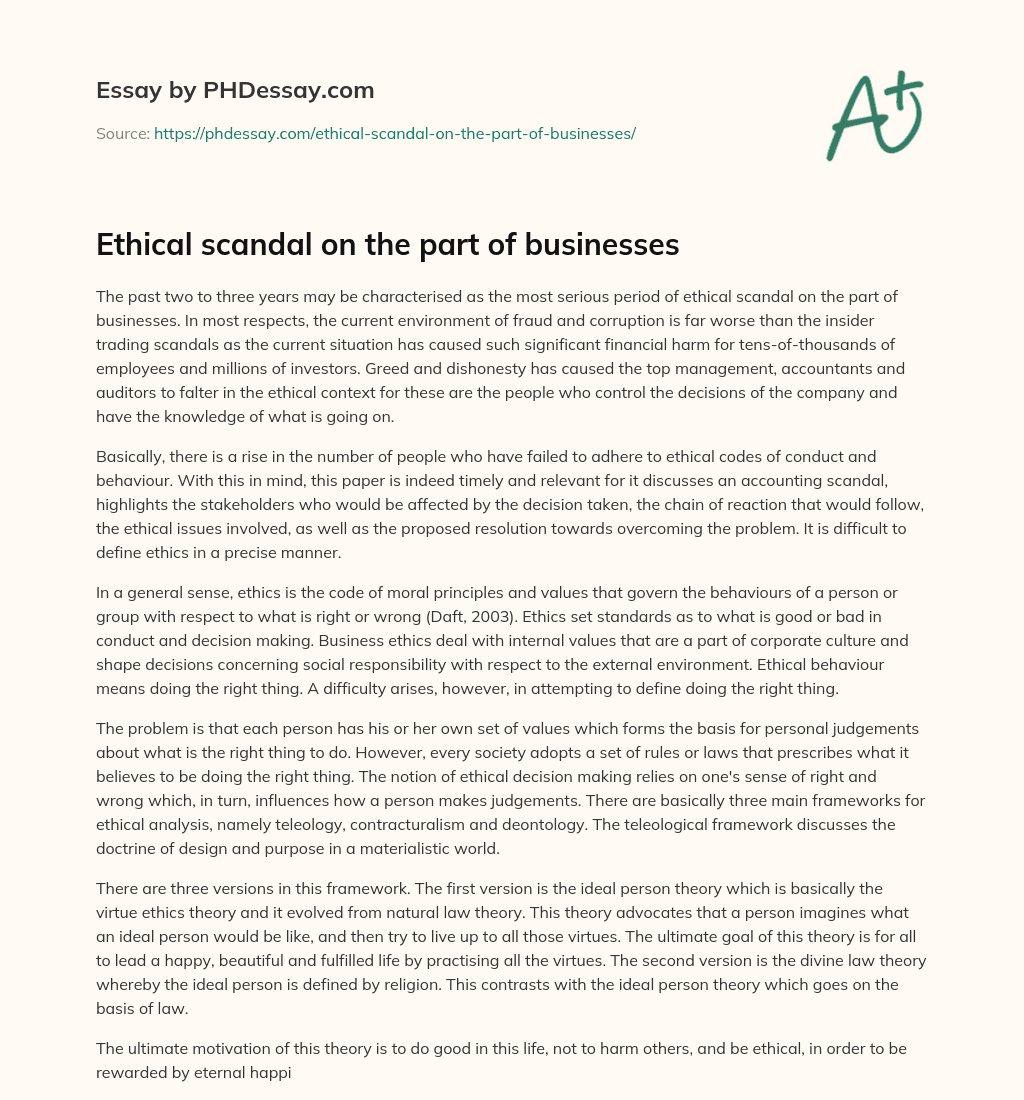 Ethical scandal on the part of businesses - PHDessay.com