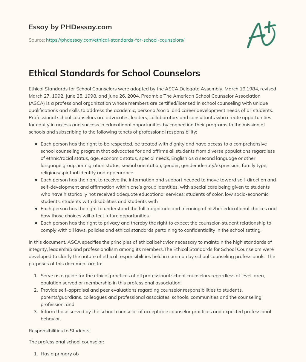 Ethical Standards for School Counselors - PHDessay.com