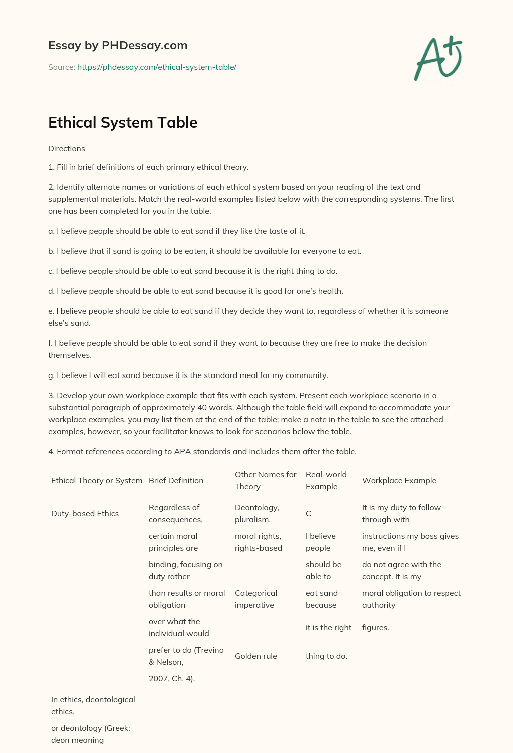 Ethical System Table - PHDessay.com