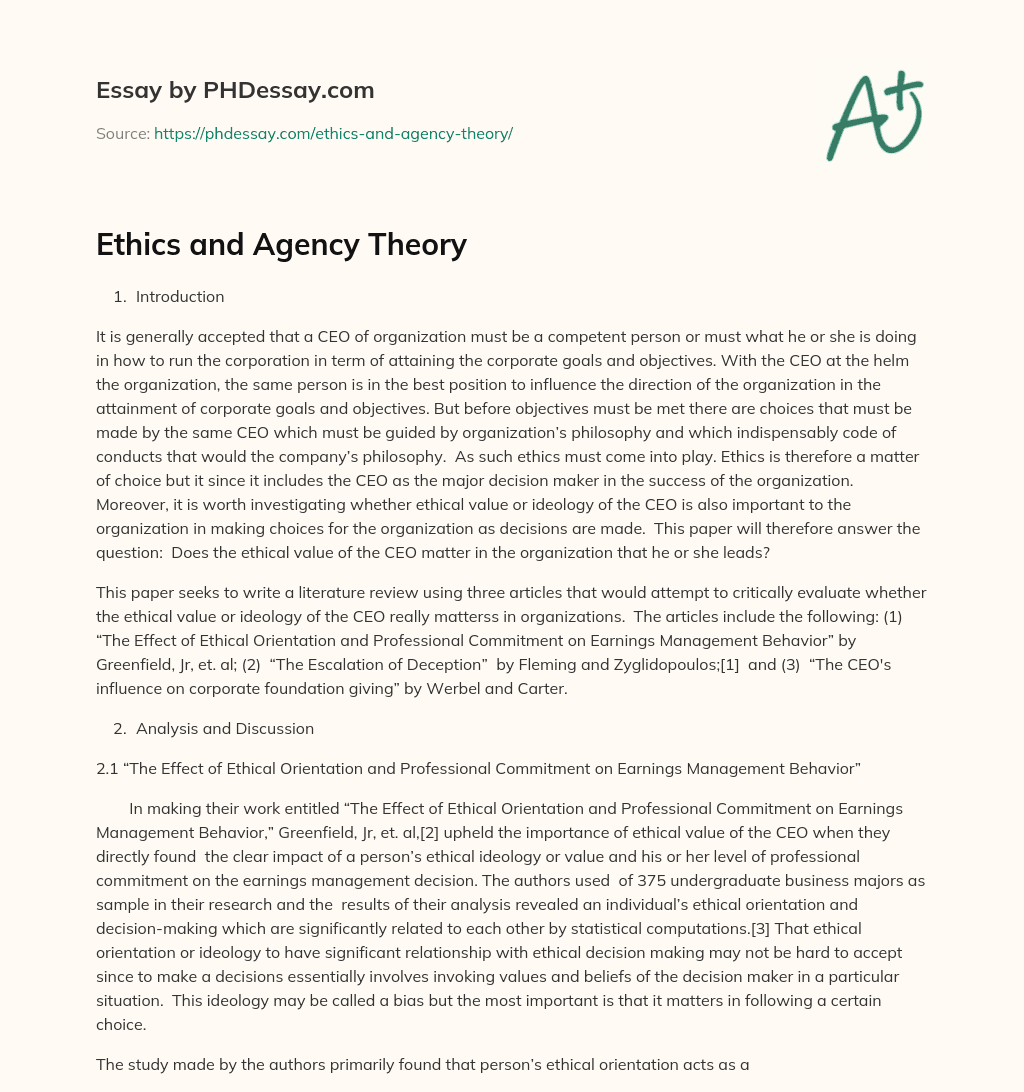 Ethics and Agency Theory - PHDessay.com