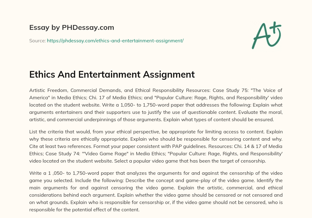 Ethics And Entertainment Assignment (300 Words) - PHDessay.com