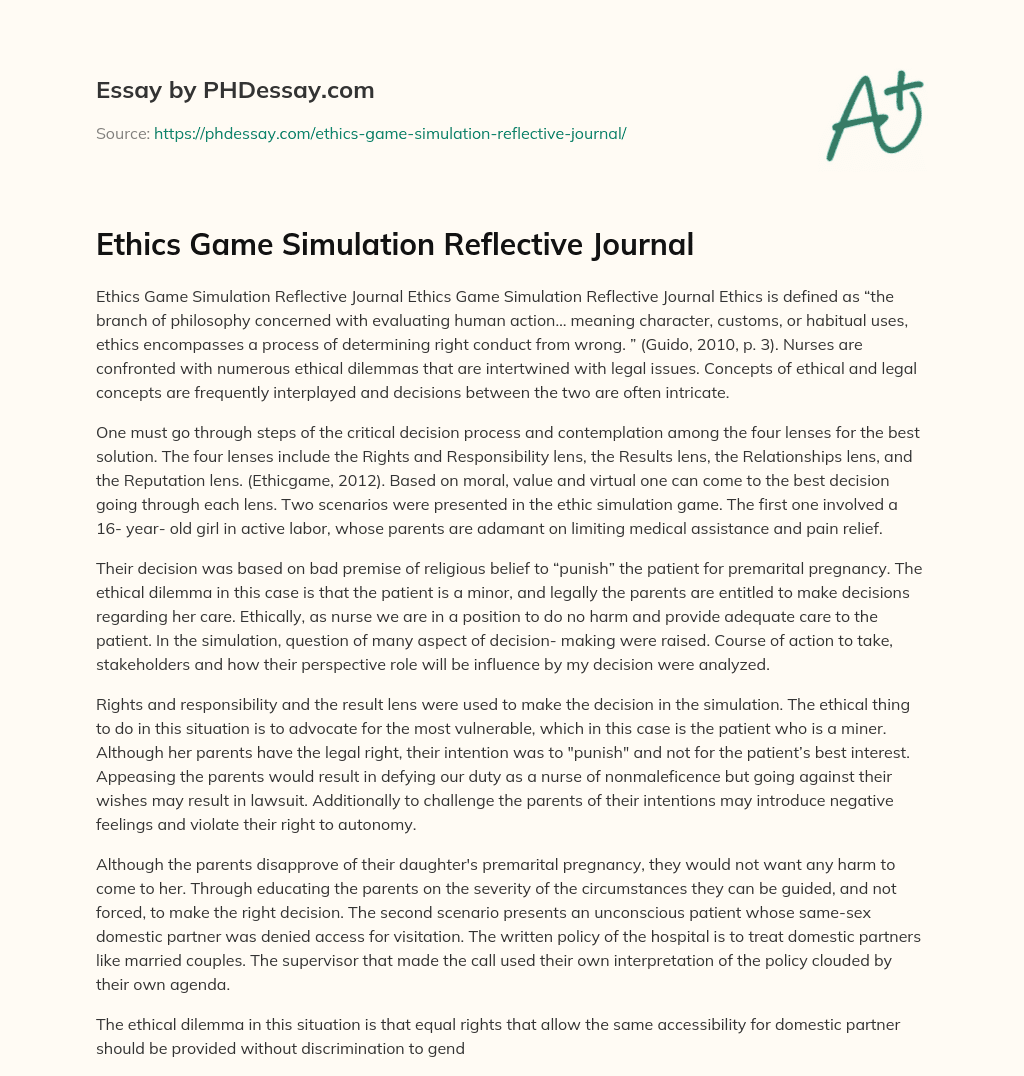 Ethics Game Simulation Reflective Journal Essay Example - PHDessay.com