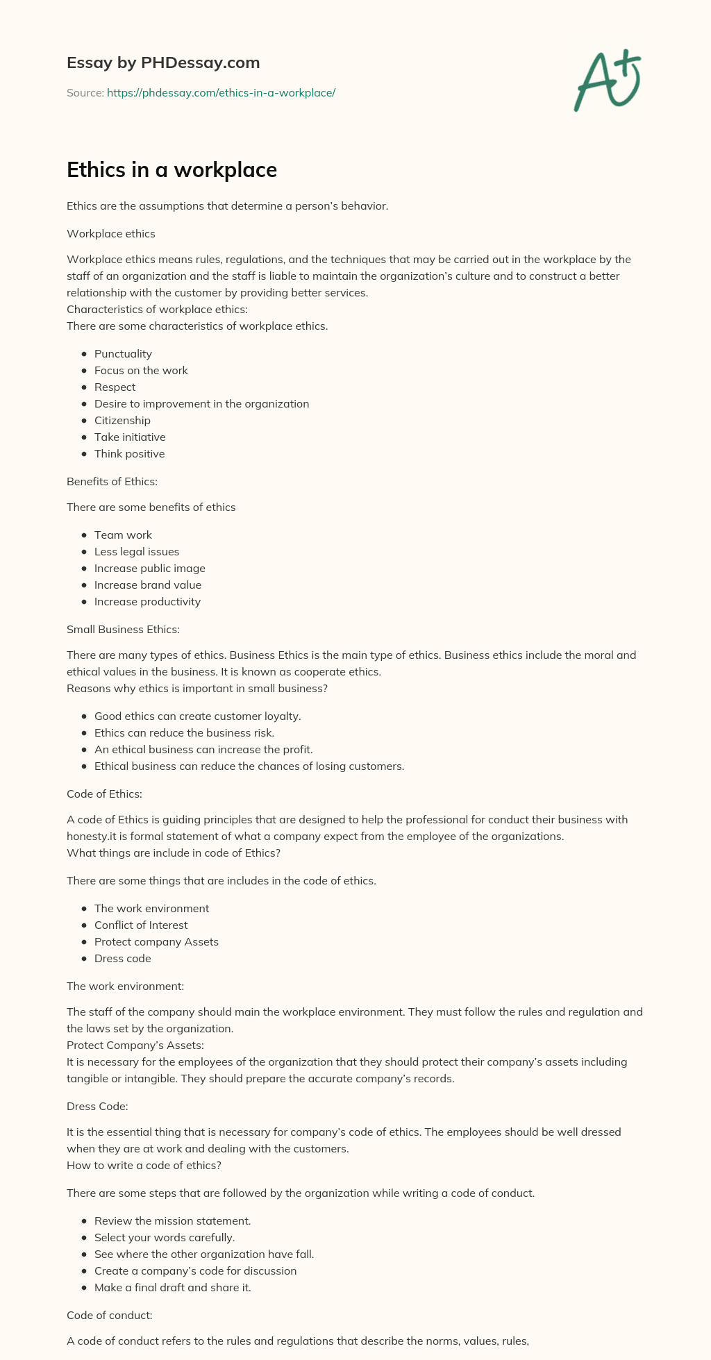 Ethics in a workplace (400 Words) - PHDessay.com