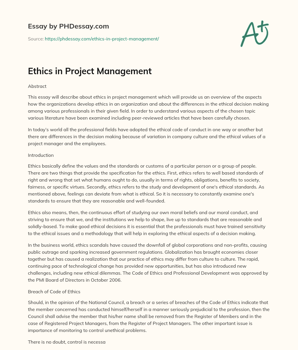 Ethics in Project Management - PHDessay.com