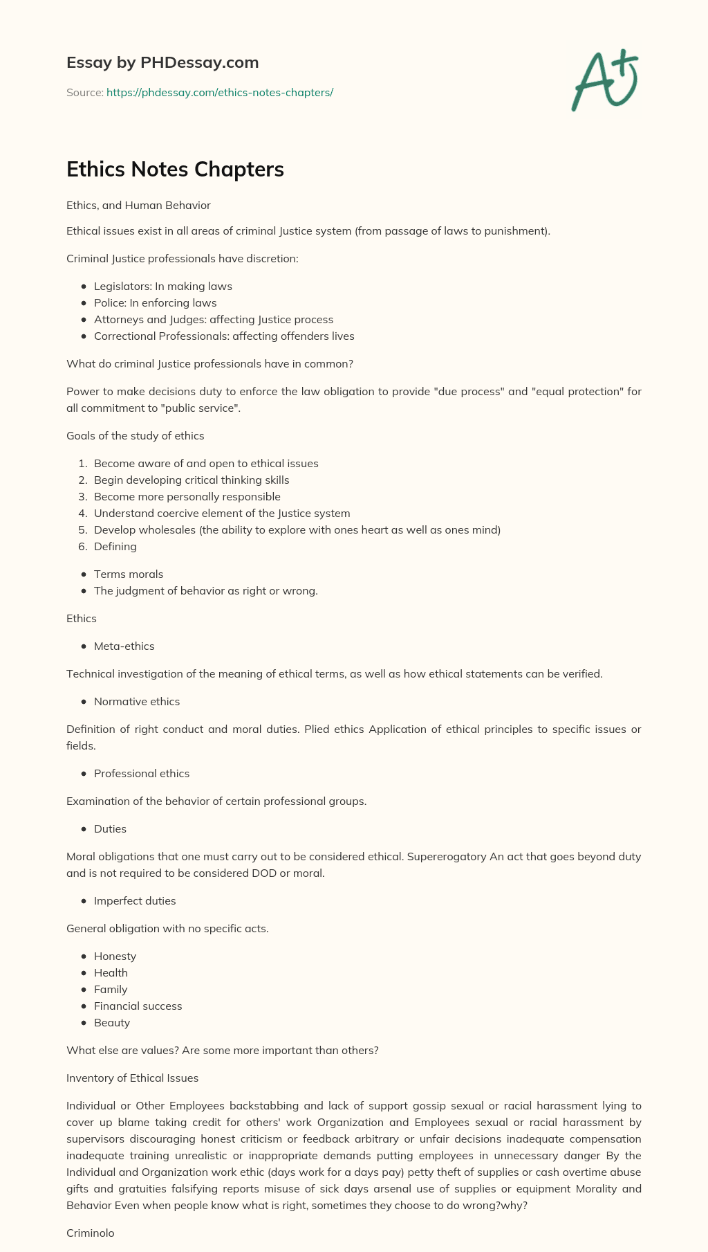 Ethics Notes Chapters - PHDessay.com