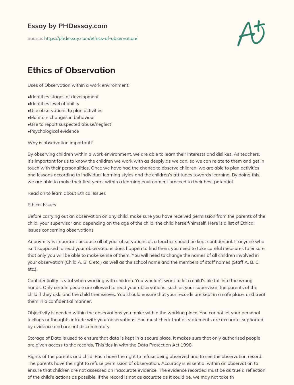 Ethics of Observation (600 Words) - PHDessay.com