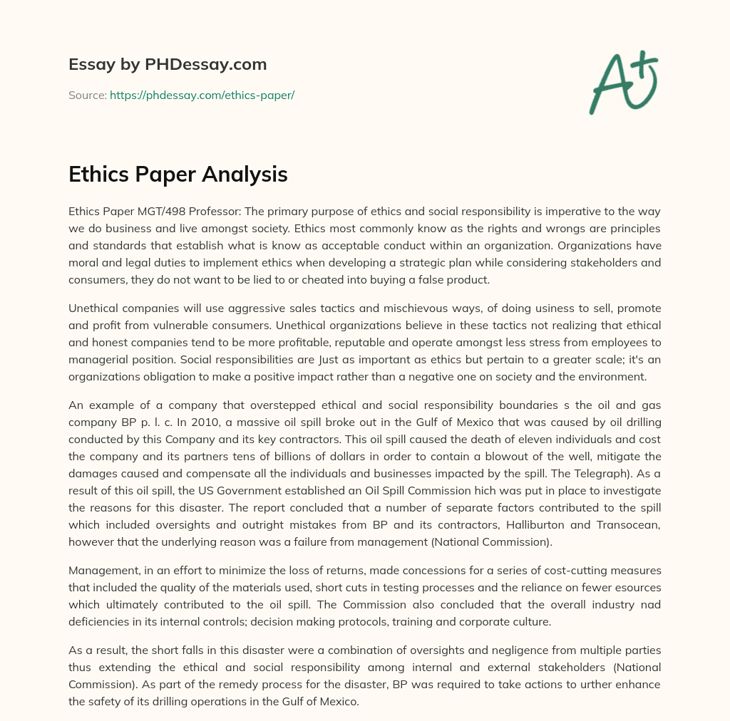 Ethics Paper Analysis - PHDessay.com