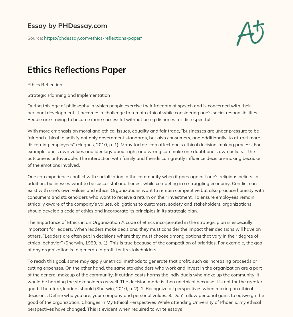 Ethics Reflections Paper - PHDessay.com