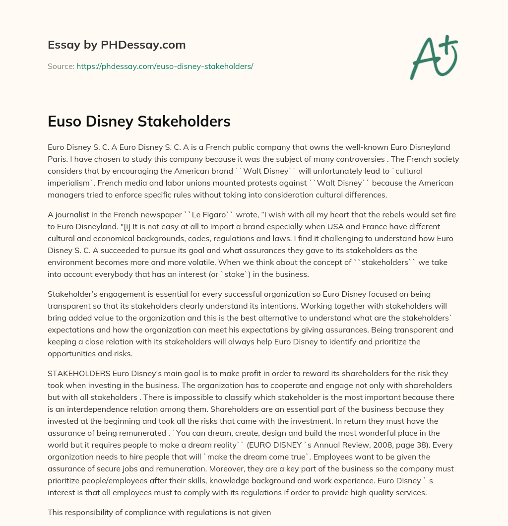 Euso Disney Stakeholders Analysis Example - PHDessay.com
