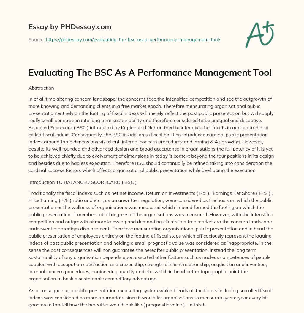 Evaluating The BSC As A Performance Management Tool - PHDessay.com