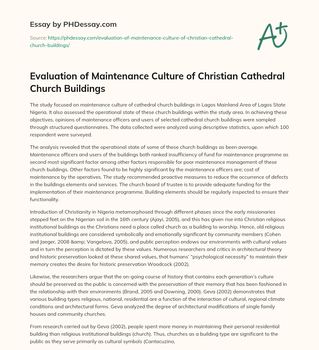Evaluation of Maintenance Culture of Christian Cathedral Church ...