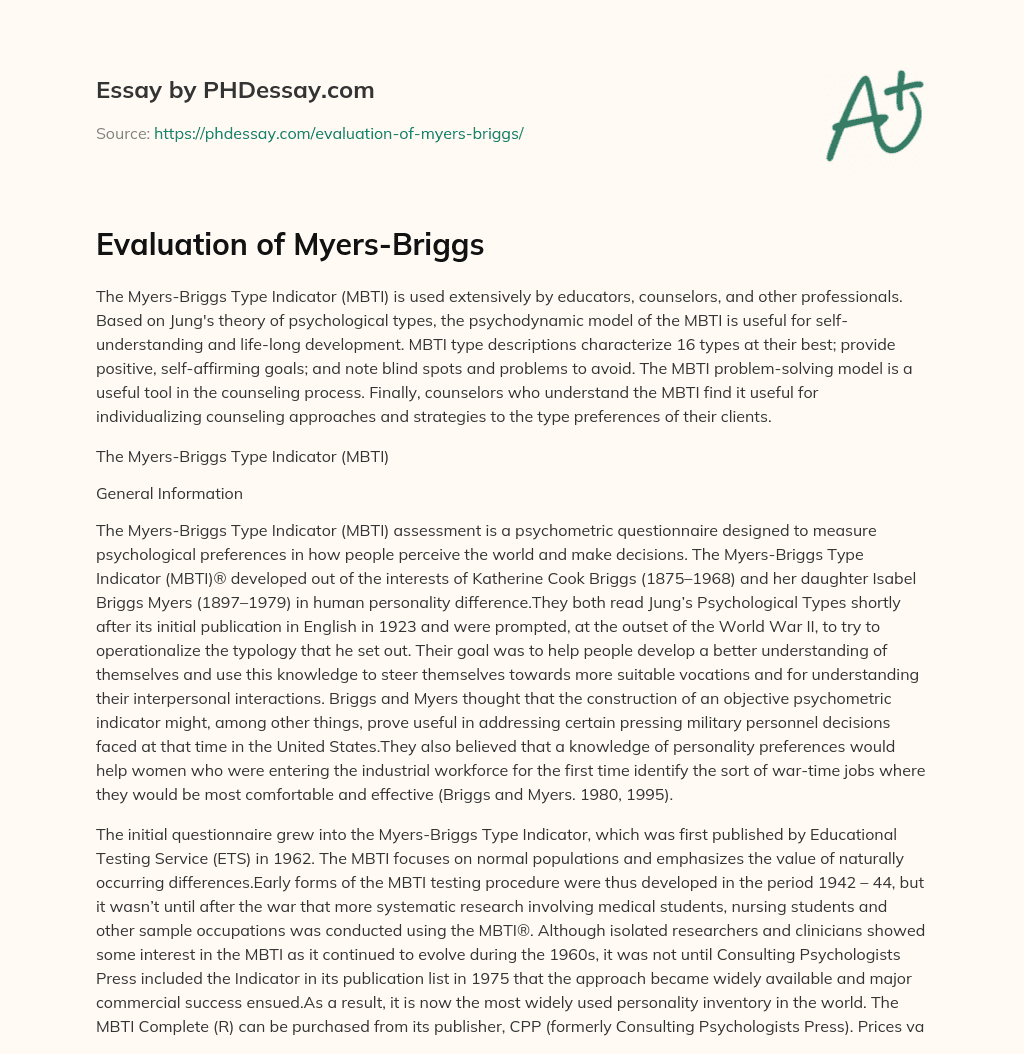 Evaluation of Myers-Briggs - PHDessay.com