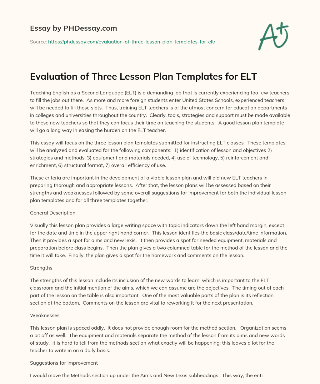 Evaluation Of Three Lesson Plan Templates For Elt Essay Example ...